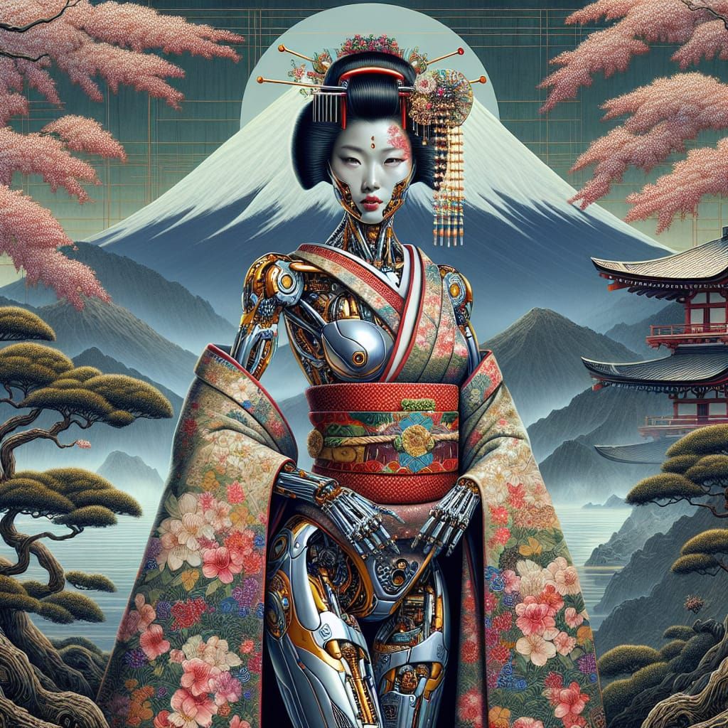 a beautiful humanoid cybernetic Geisha woman in a beautiful floral ...