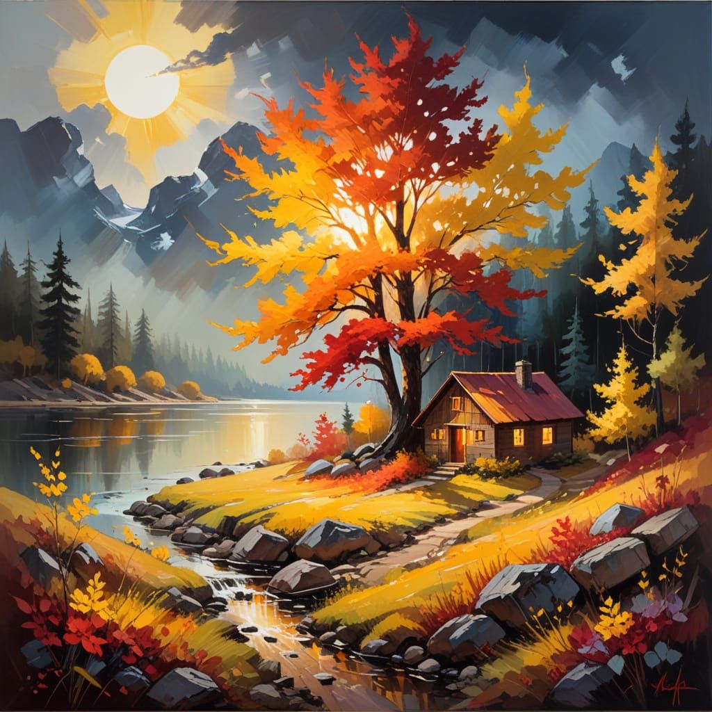 Vibrant Autumn Cabin in Radiant Light - AI Art