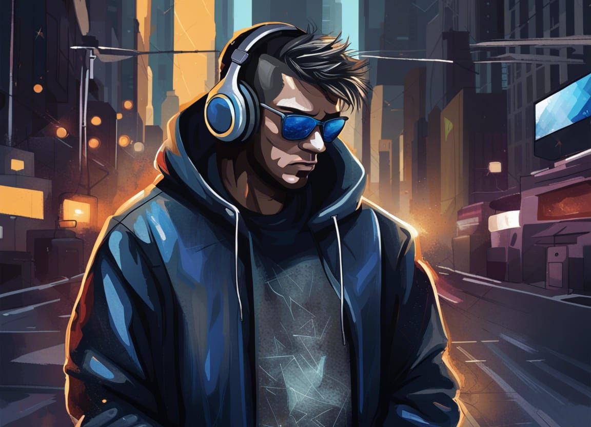 Cool hacker dude portrait color painting blue black 👾🧢🎧📱🕶️😎🌆 - AI ...