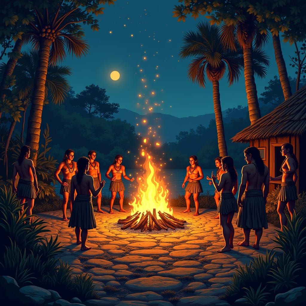 Primitive Tribespeople Dancing Around a Fiery Gath... - AI Art