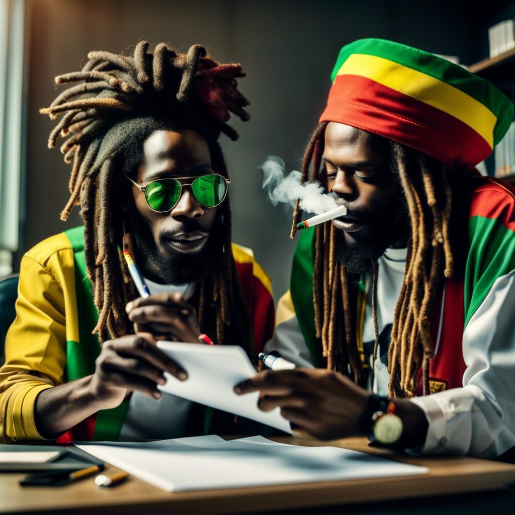 Teamwork of rasta at the office make a plan to save humanity with smoke ...