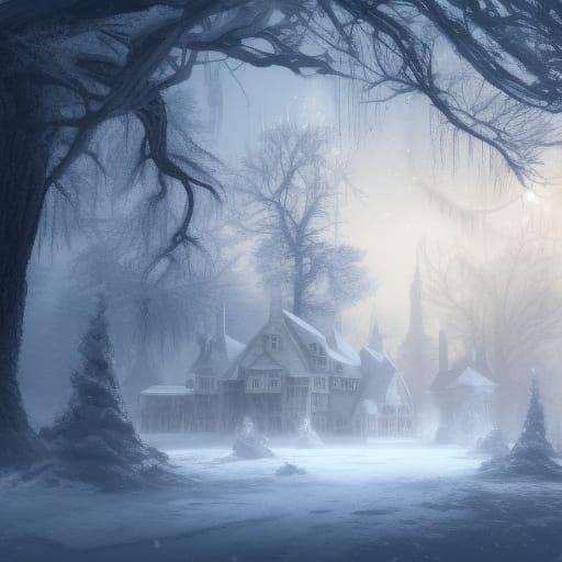 a haunted house in a snow forest and icy trees around it - AI Generated ...