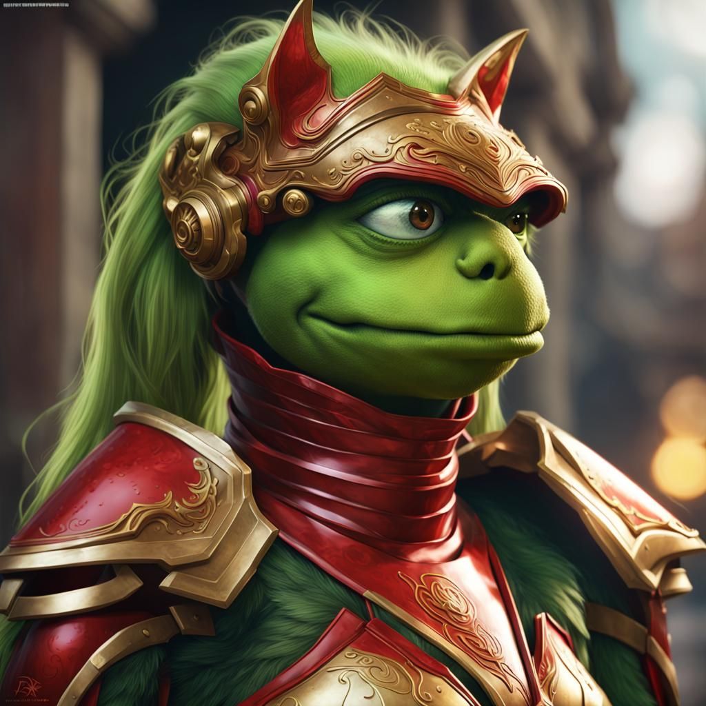 Female Green muppet monster wearing red and gold armor - AI Generated ...