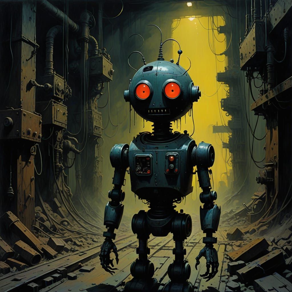 Ethereal Robot in Dark Industrial Landscape, Thick... - AI Art