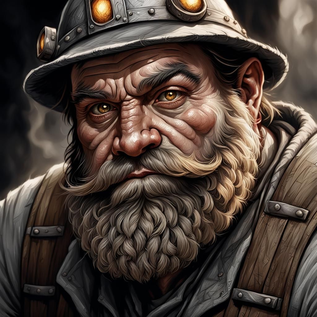Portrait, young dwarf with reddish brown beard, freckles on face, miner ...
