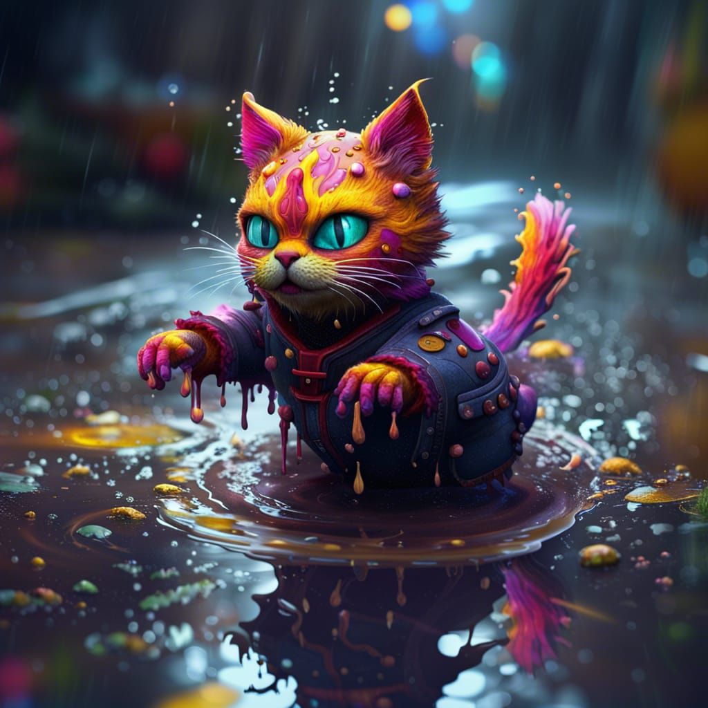 Acid cat in puddle - AI Generated Artwork - NightCafe Creator