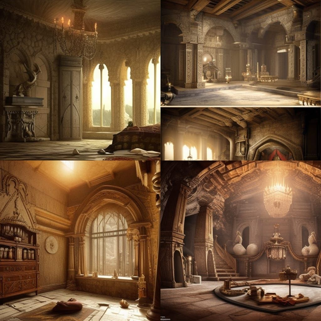 Inside a castle room made of stone, there is a treasure chest and a ...