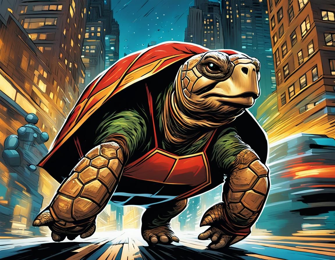 Tortoise Hero Zooms Through New York City in Dynam... - AI Art