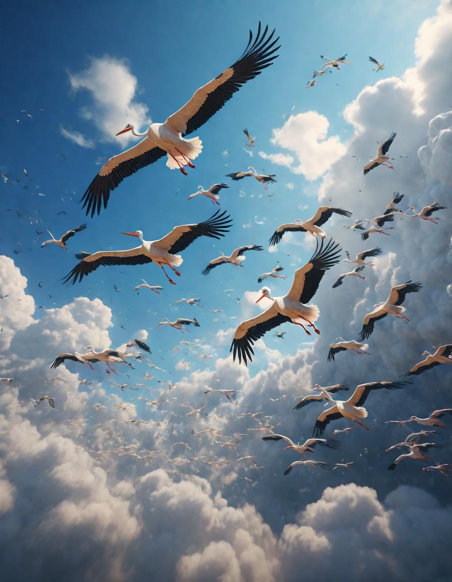 storks flying - AI Generated Artwork - NightCafe Creator
