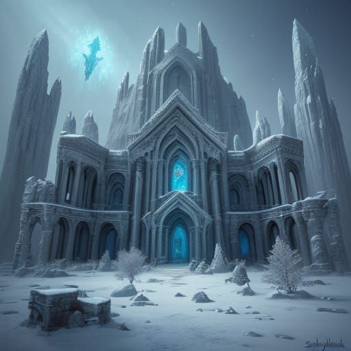 Ethereal Snow Elf Ruins in Frostbitten Landscape - AI Art