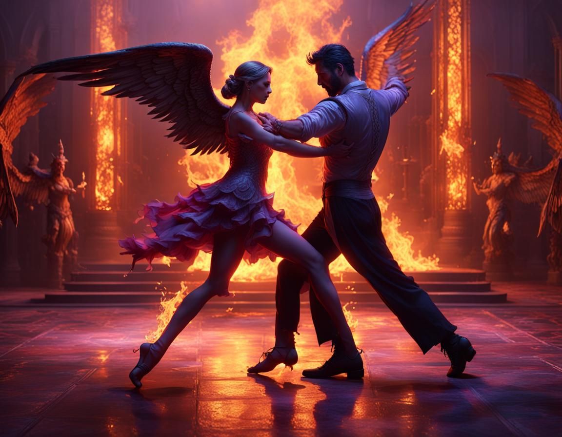 A male devil dances the tango with a female angel on a burning floor, photo realistic - AI ...