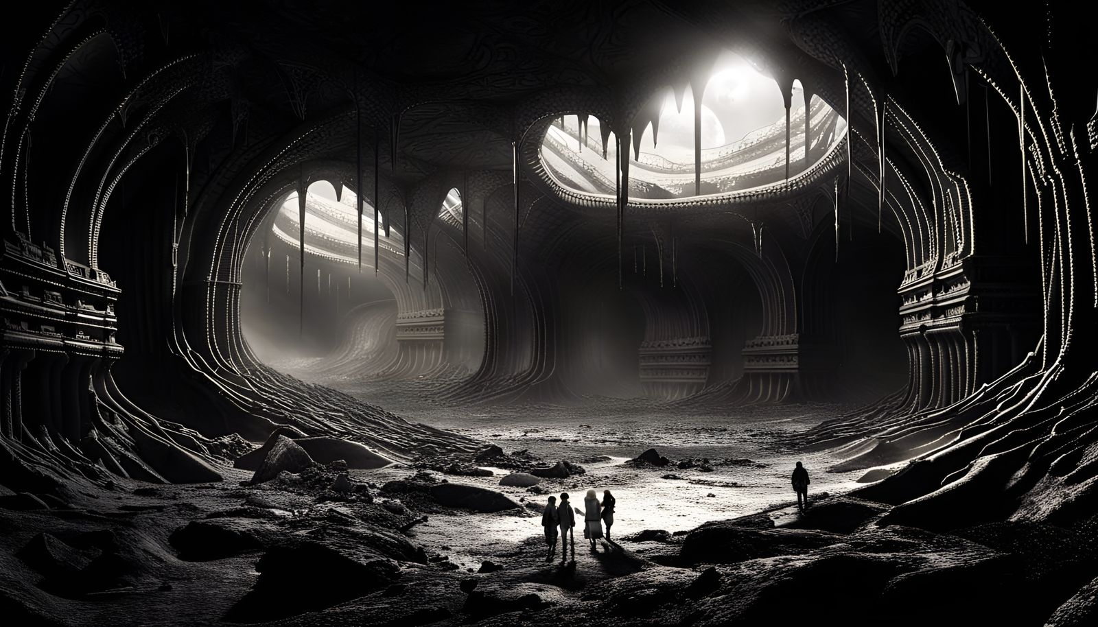 Ruins of an alien city deep underground in a massive cavern lit by pale ...
