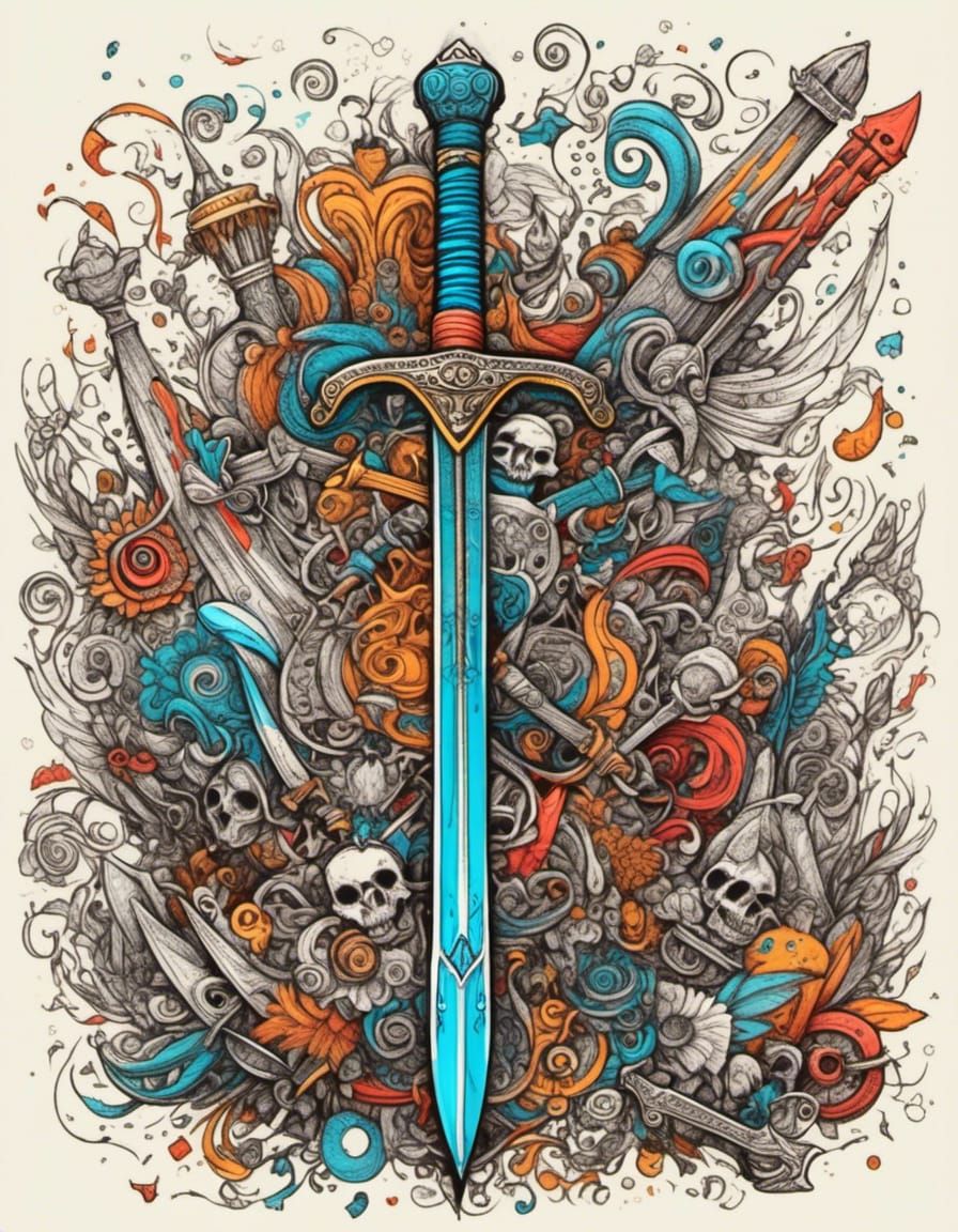 Hand drawn doodle, bright selective colors on a sword, surrounded by ...