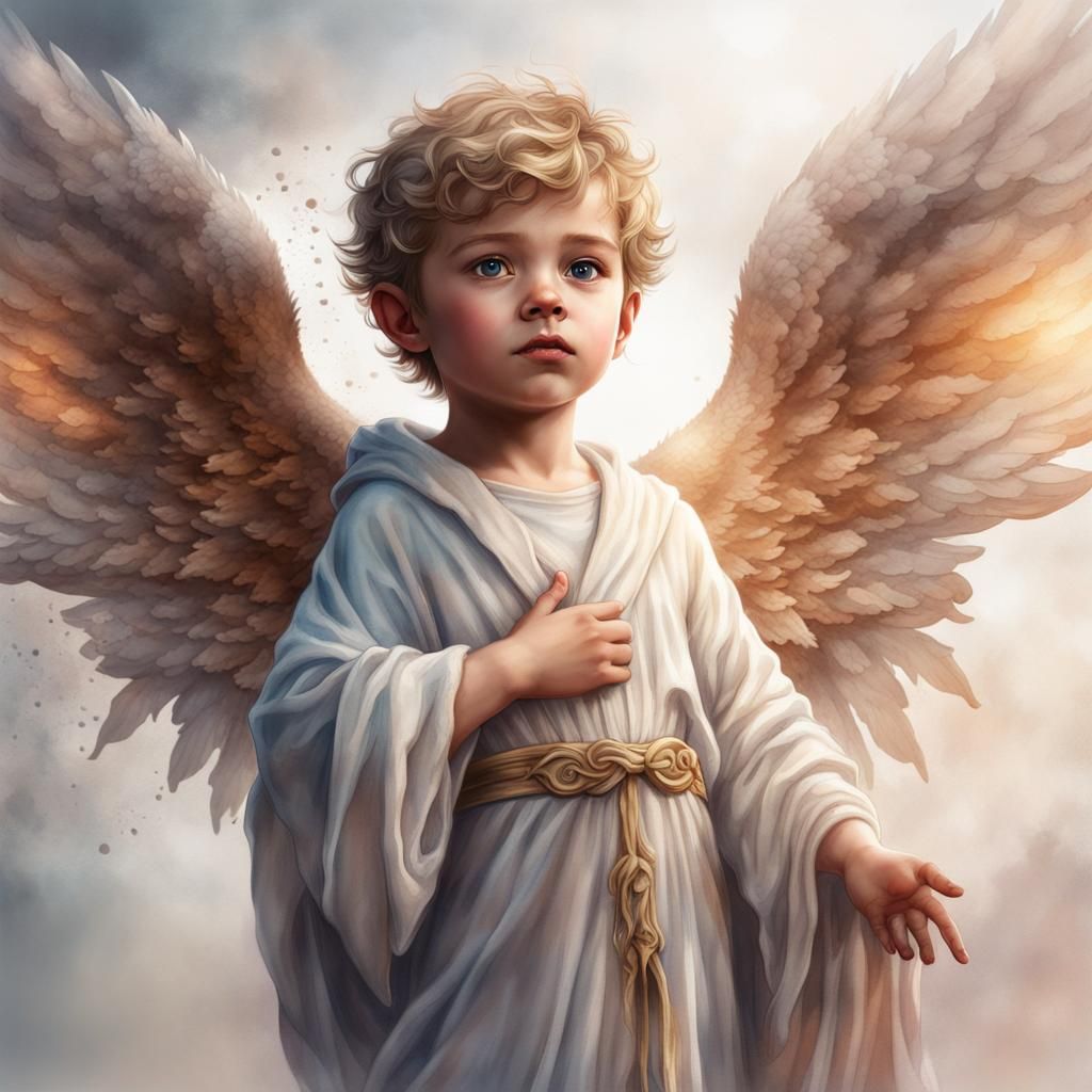 full-body realistic watercolor a little angel boy with detailed eyes ...