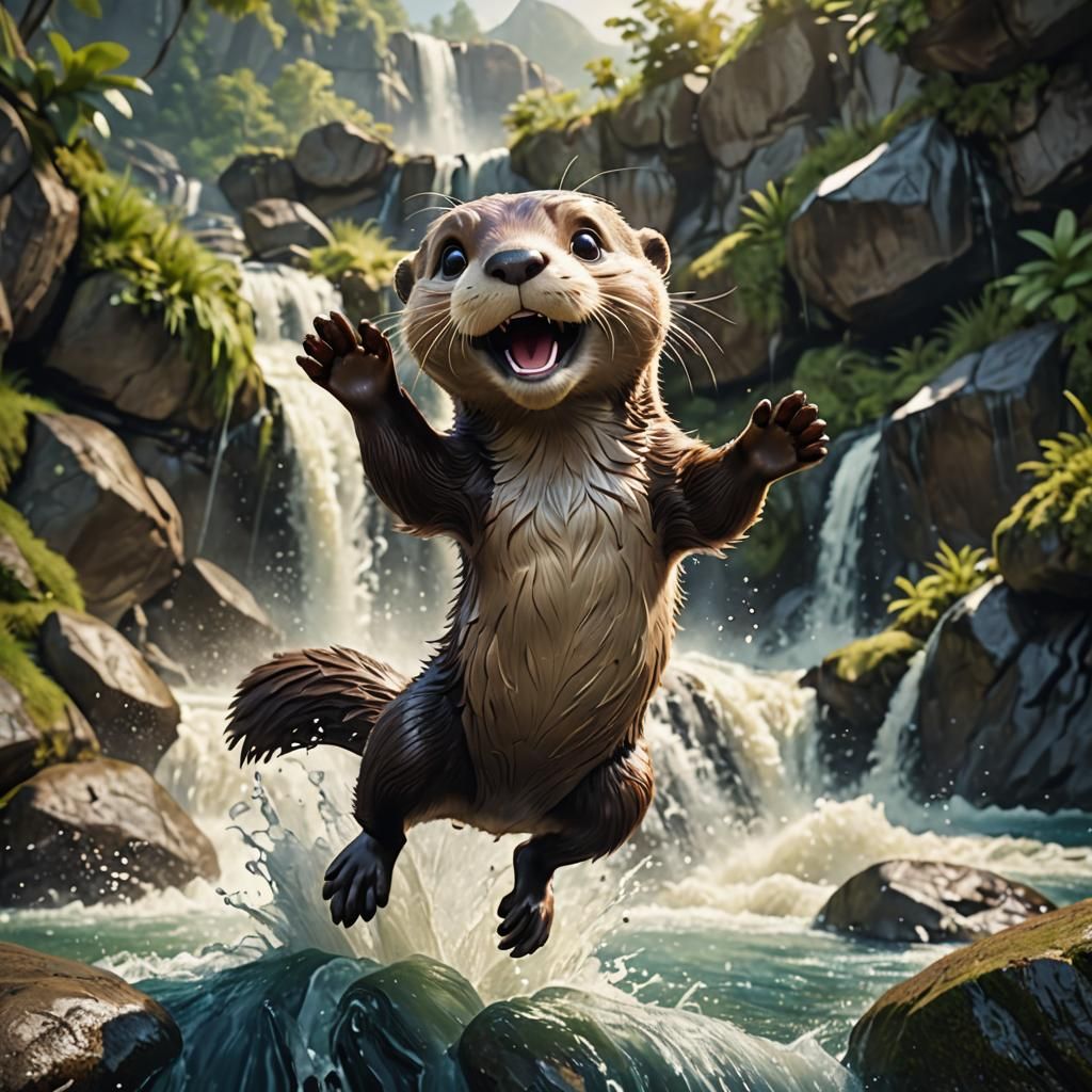 Adorable happy CGI cartoon otter jumping down a waterfall - AI ...