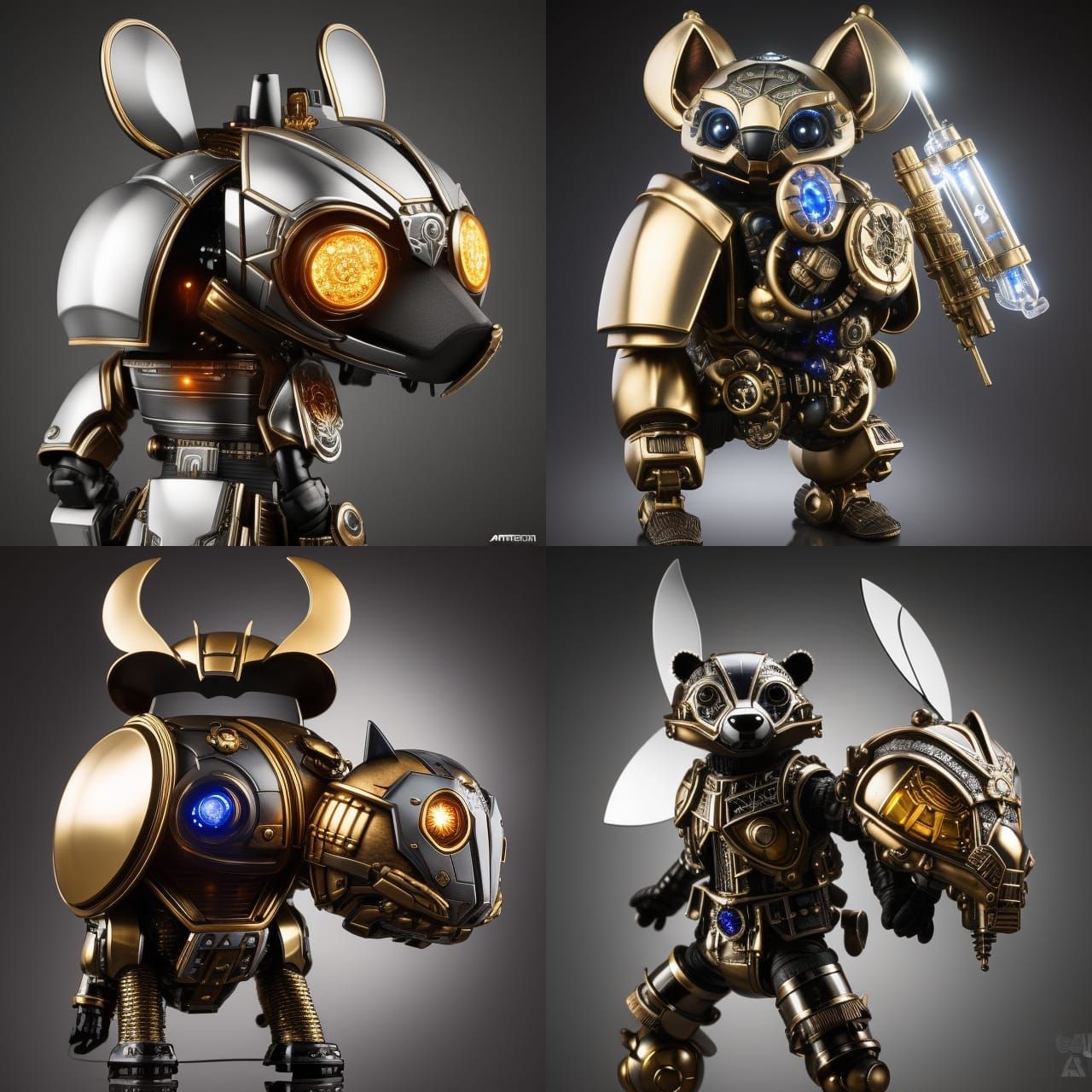 an armored cute steampunk android raccoon, highly reflective armor ...