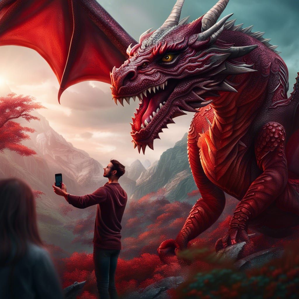 Person standing next to a red realistic dragon taking a selfie with ...