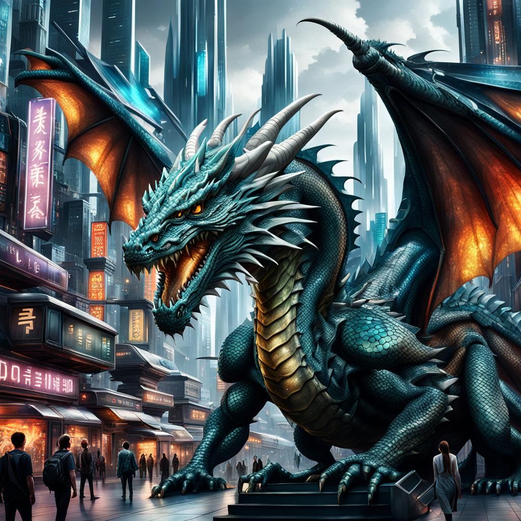 a hyper realistic dragon in a futuristic city - AI Generated Artwork ...