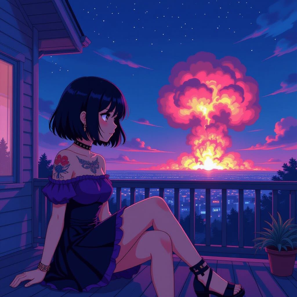 Anime Girl Gazing at Nuclear Explosion in Emo Styl... - AI Art