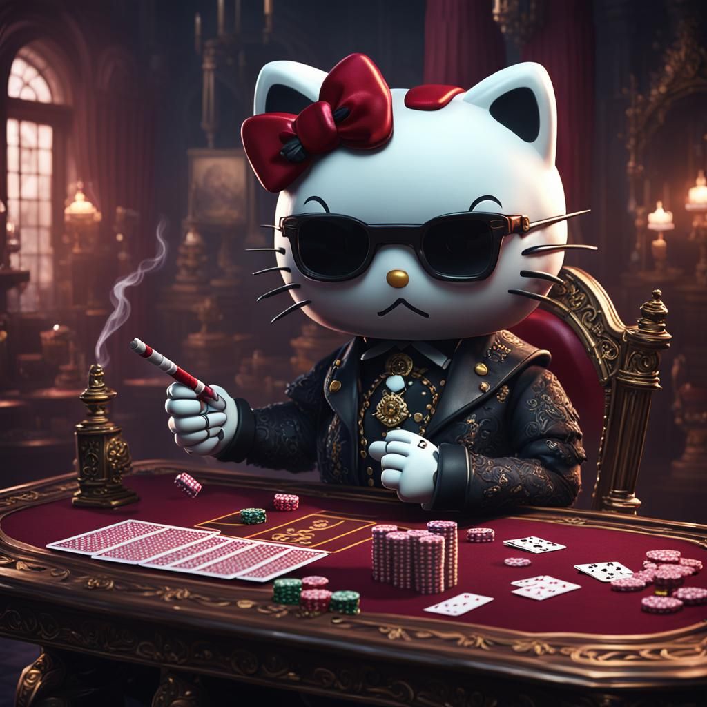 goth hello kitty playing poker and smoking a cigar - AI Generated ...