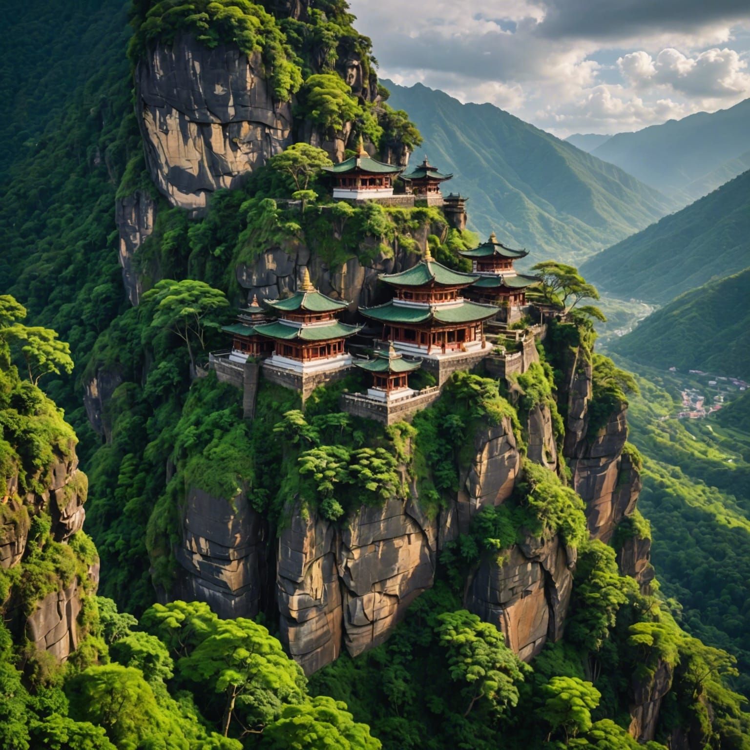 A stunning photo of a cliff-side temple complex, nestled among vibrant ...
