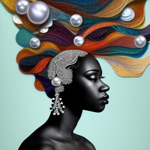 Elaborate flowing eddy, mixed media, beautiful delicate dark skinned features, embellished ...