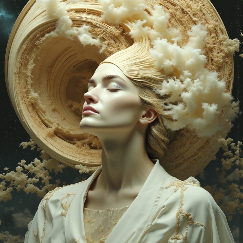 Serene Woman in Ethereal Reverie with Swirling Clo... - AI Art