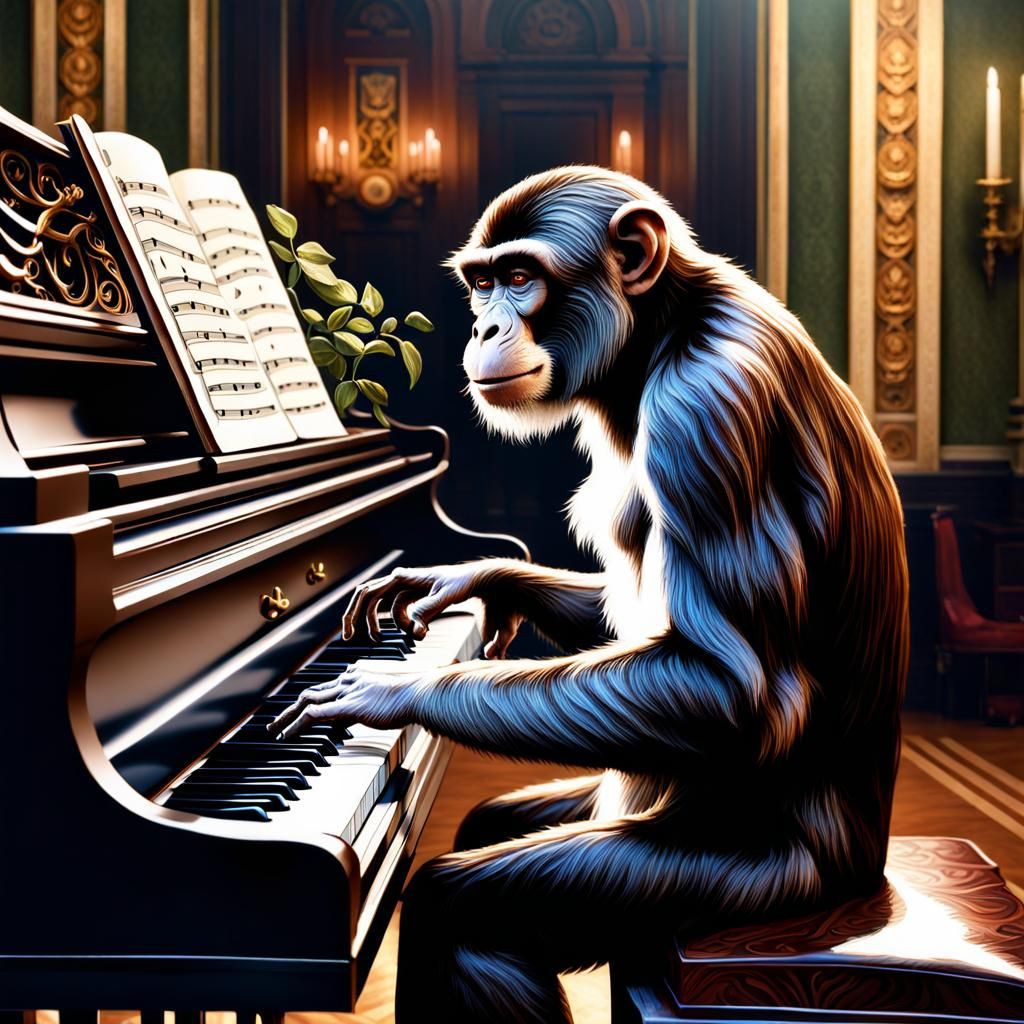Sophisticated monkey playing the piano - AI Generated Artwork ...