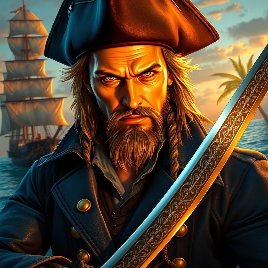 Chiseled Pirate Man in Classic Attire, Grasping Sw... - AI Art