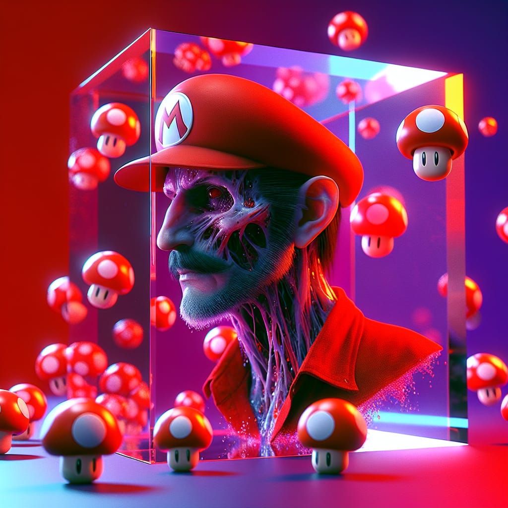 Zombie head of Mario in a clear crystal cube. Surrounded by floating ...