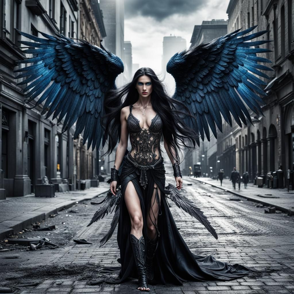 Fallen angel walks through a city - AI Generated Artwork - NightCafe Creator