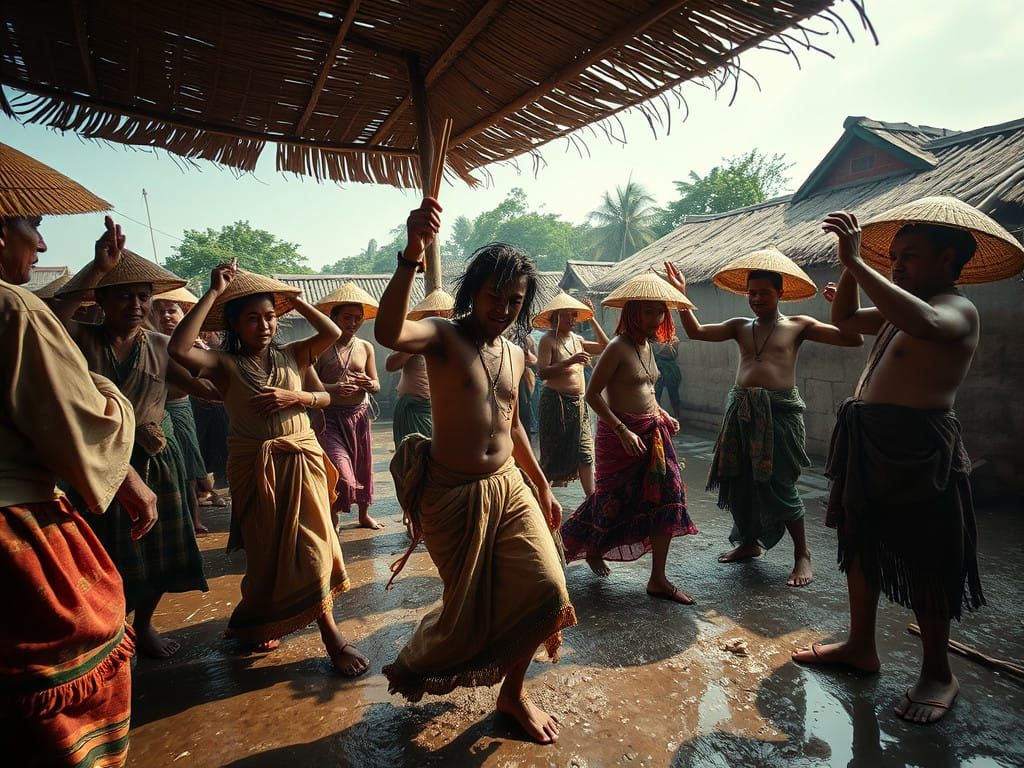 Ancient Rainmaking Ritual in a Wide-Angle, Stylish... - AI Art