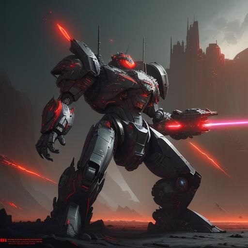 Armored orbital -railgun cannon mech with black thick armor and glowing ...