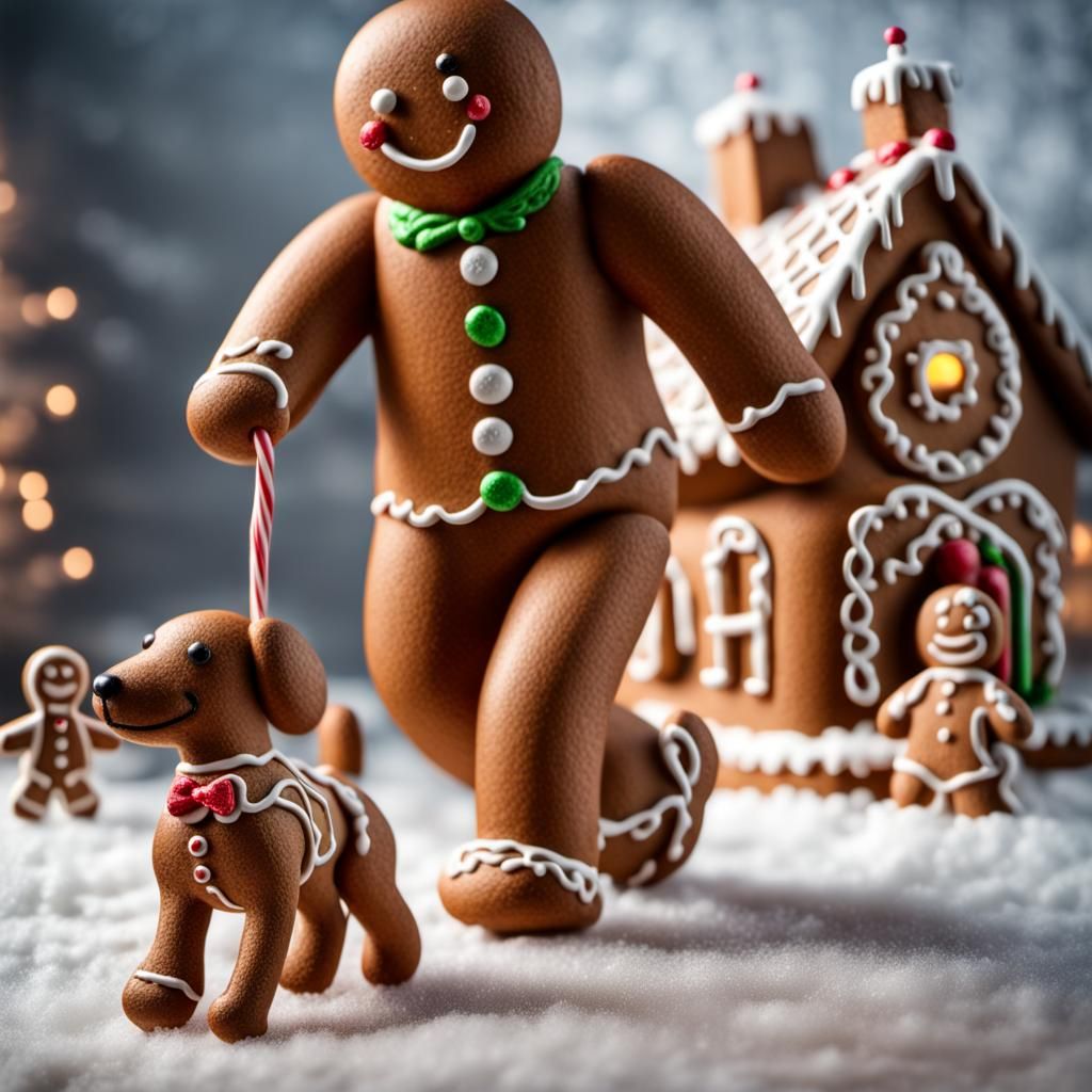 Gingerbread man walking a gingerbread dog - AI Generated Artwork ...