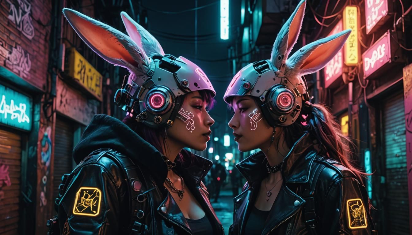 two cyberpunk lady cyborg rabbits in mechanical rabbit hats, with neon ...