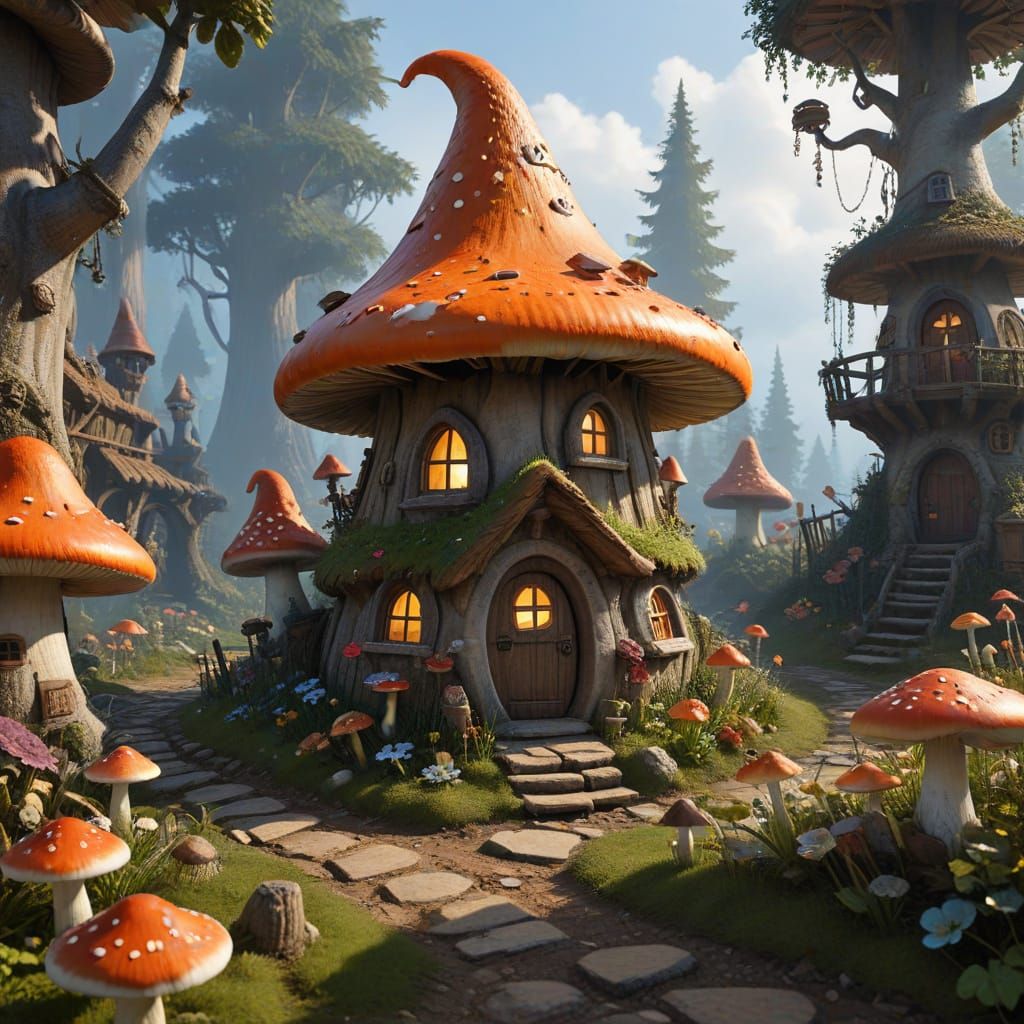 A mushroom hut in a gnomes town - Whimsical Gnomish Village...
