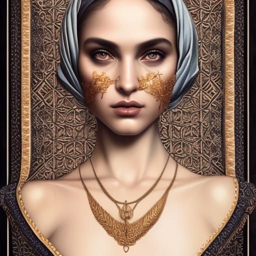 "middle eastern muslim female, portrait, lean face, black hair, stunninf face, cinematic ...