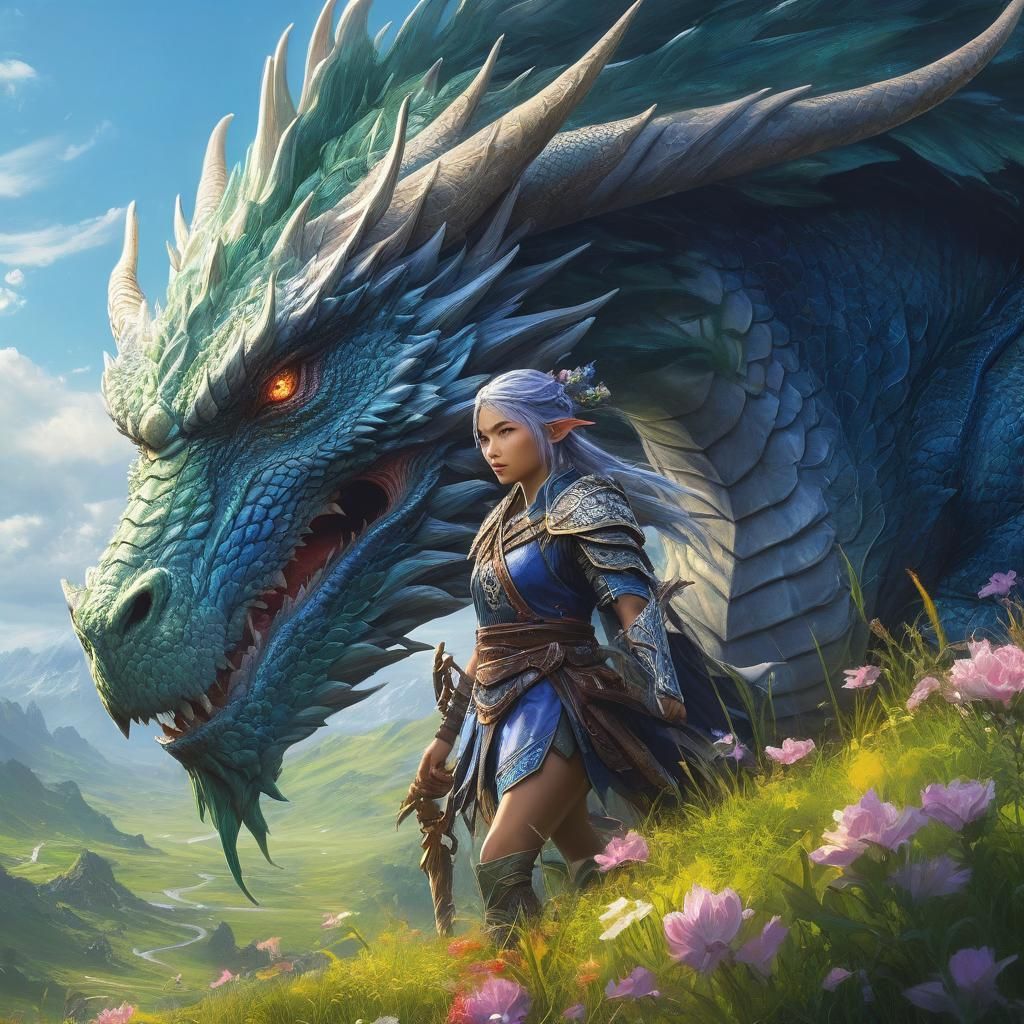 Grimdark mystic beautiful meadow elf ranger travelling alongside a ...