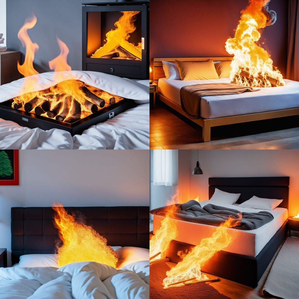 Burning Bed in Flames Scene in Impressionist Style - AI Art