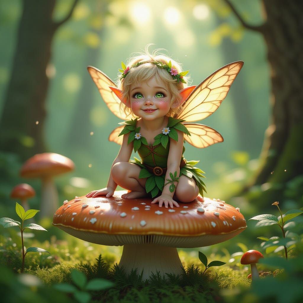 Pixie Child on Mushroom in Hyperrealistic Style - AI Art