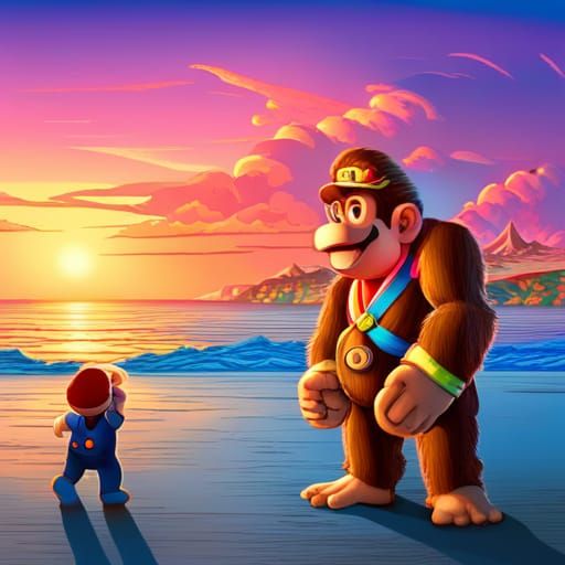 super mario hanging out on the beach with donkey kong - AI Generated ...