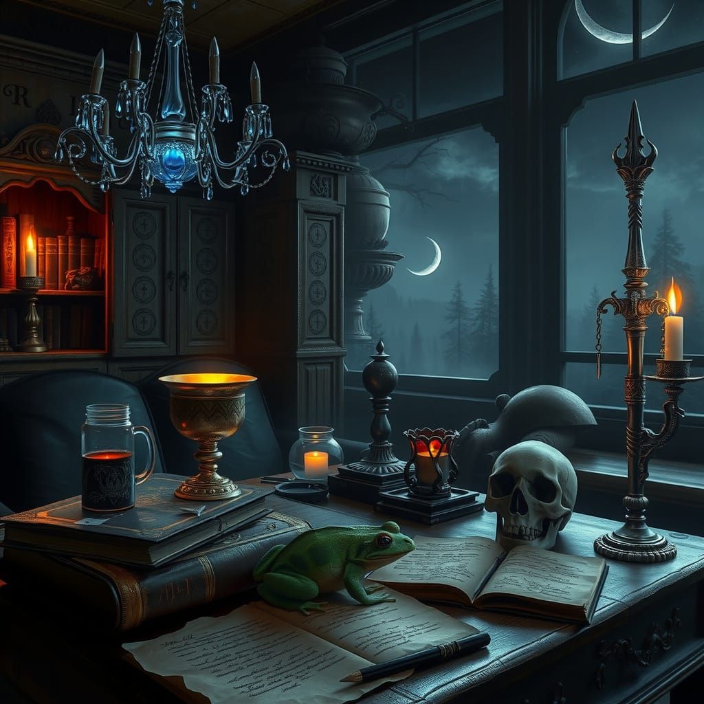 A cluttered, arcane wizard's workroom, potions lying on the table ...