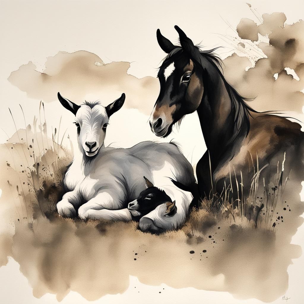(a baby goat) and (a young horse) sleeping together in a field, sumi-e ...
