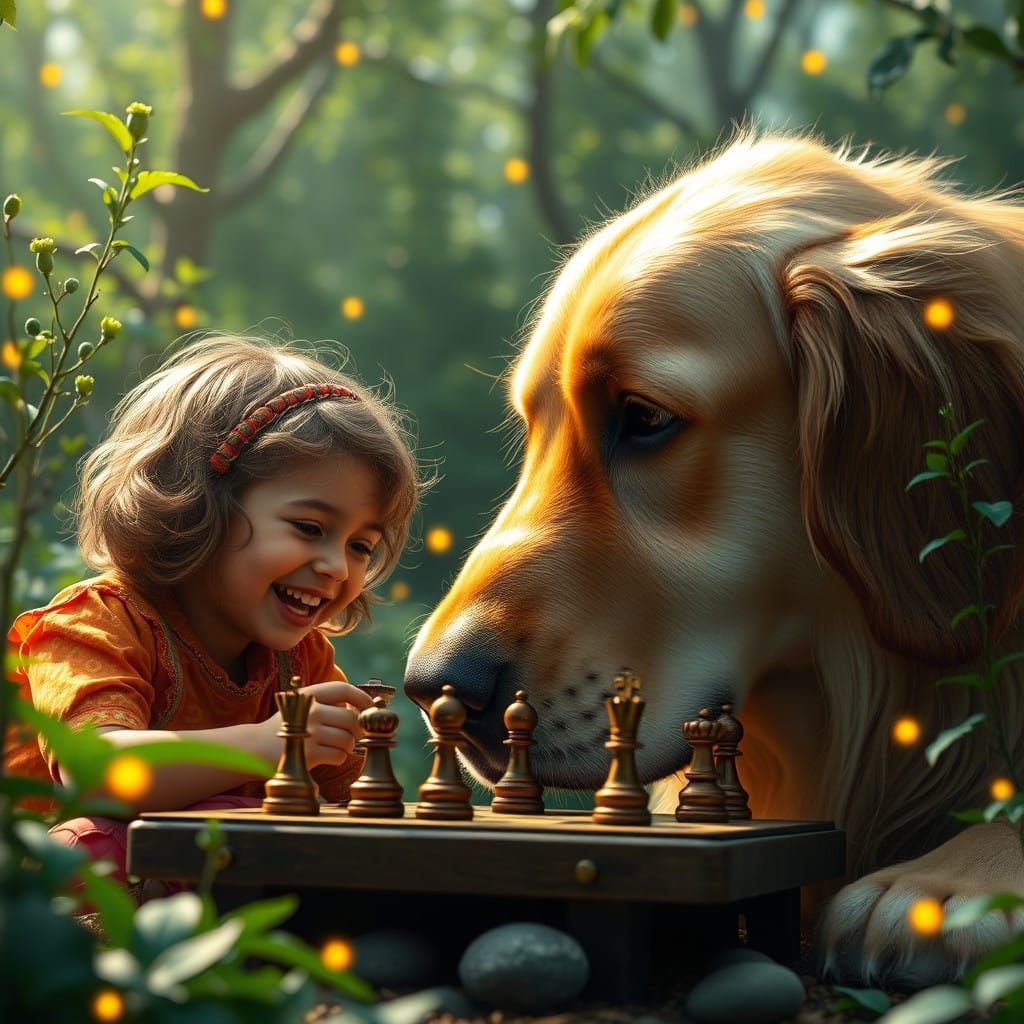 A girl play chess with a dog - Children Play Chess with Maje...