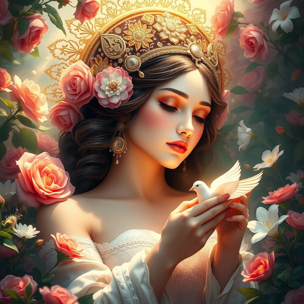 Goddess in a Vibrant Celestial Garden with Soft Li... - AI Art