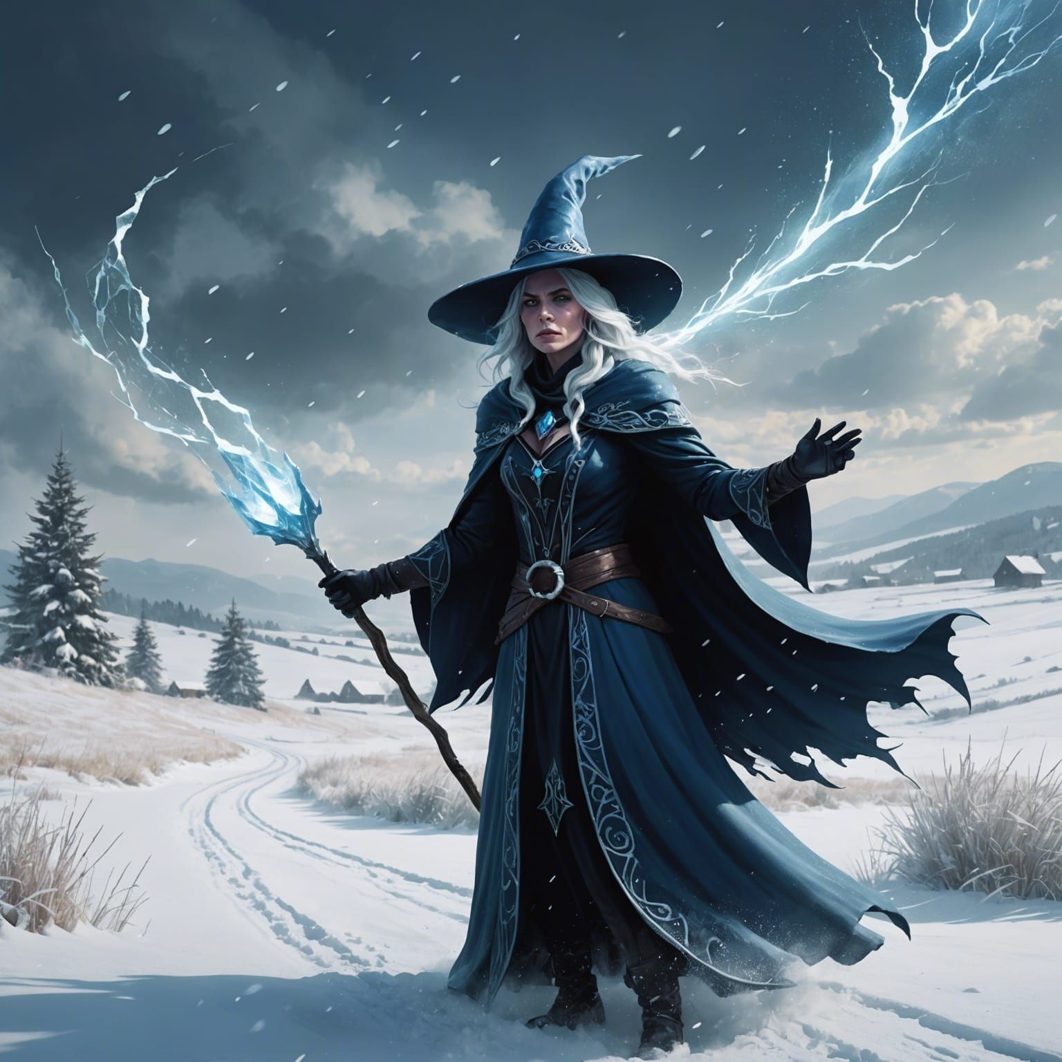 Ice witch casting her blizzard spell in the high countryside. - AI ...