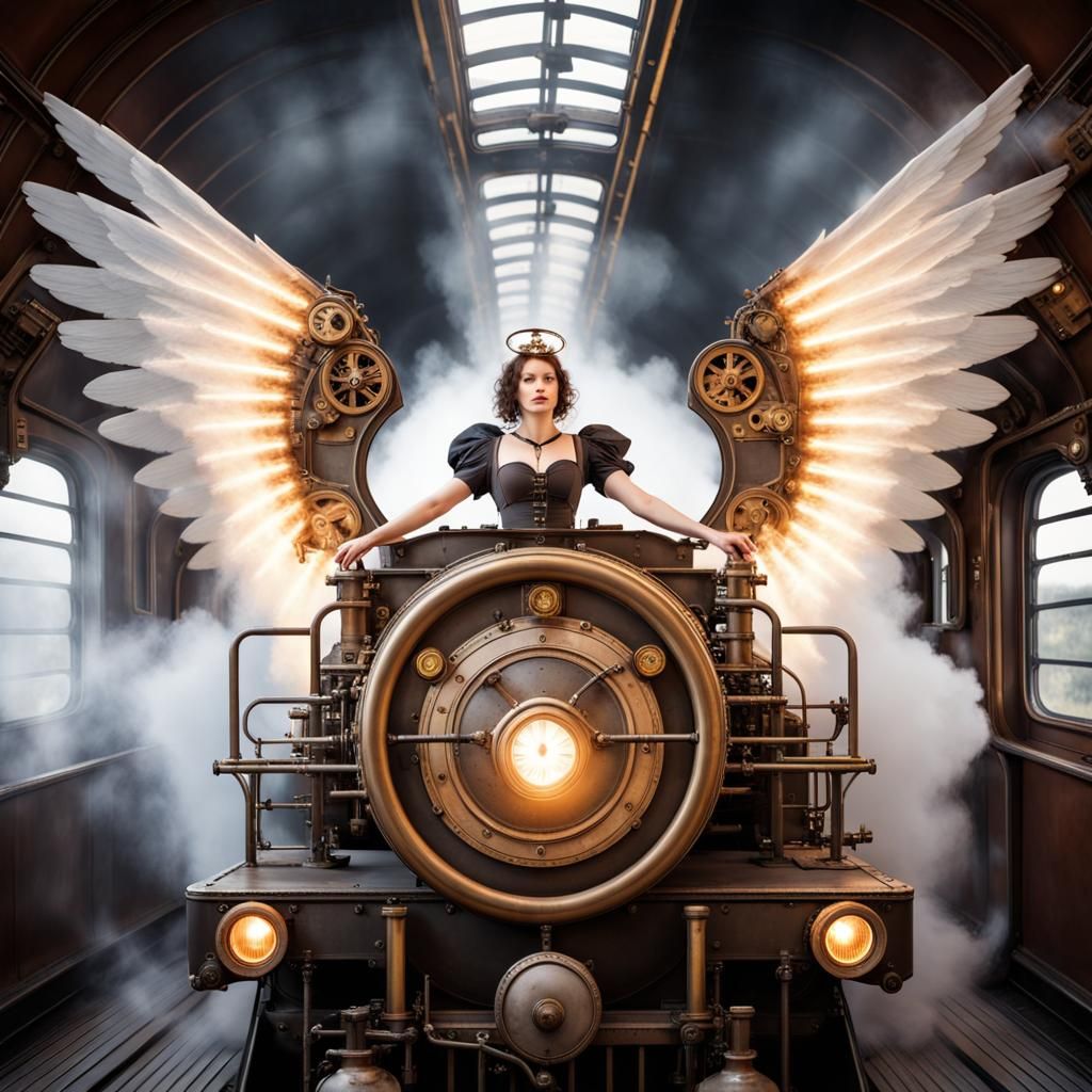 Angel in steam of a train with wings unfolded, halo and light above ...