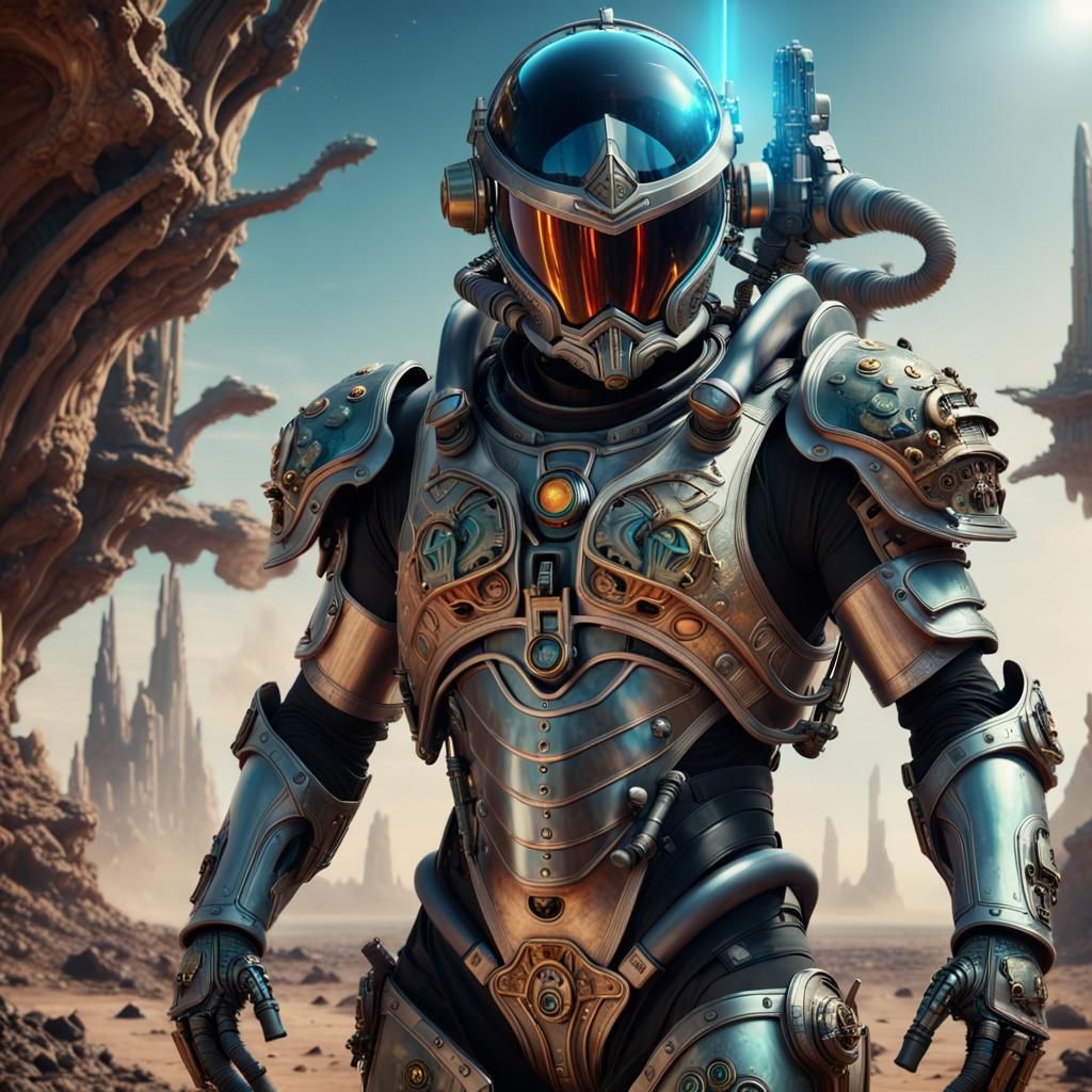 Medieval warrior knight in spacesuit, armored metallic oxigen tanks on ...