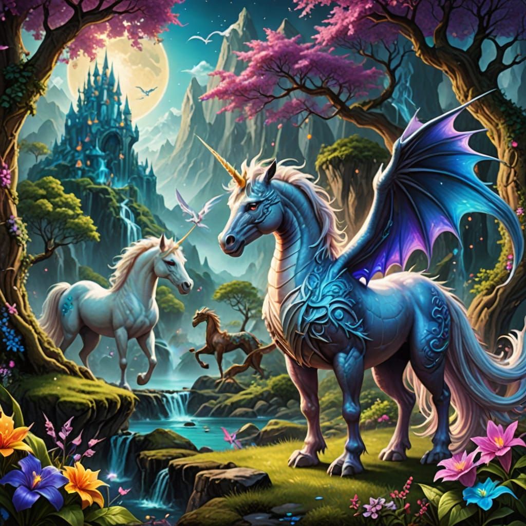 Enchanted Realms Dragons Unicorns And Mythical Creatures In A Vivid Fantasy World Background
