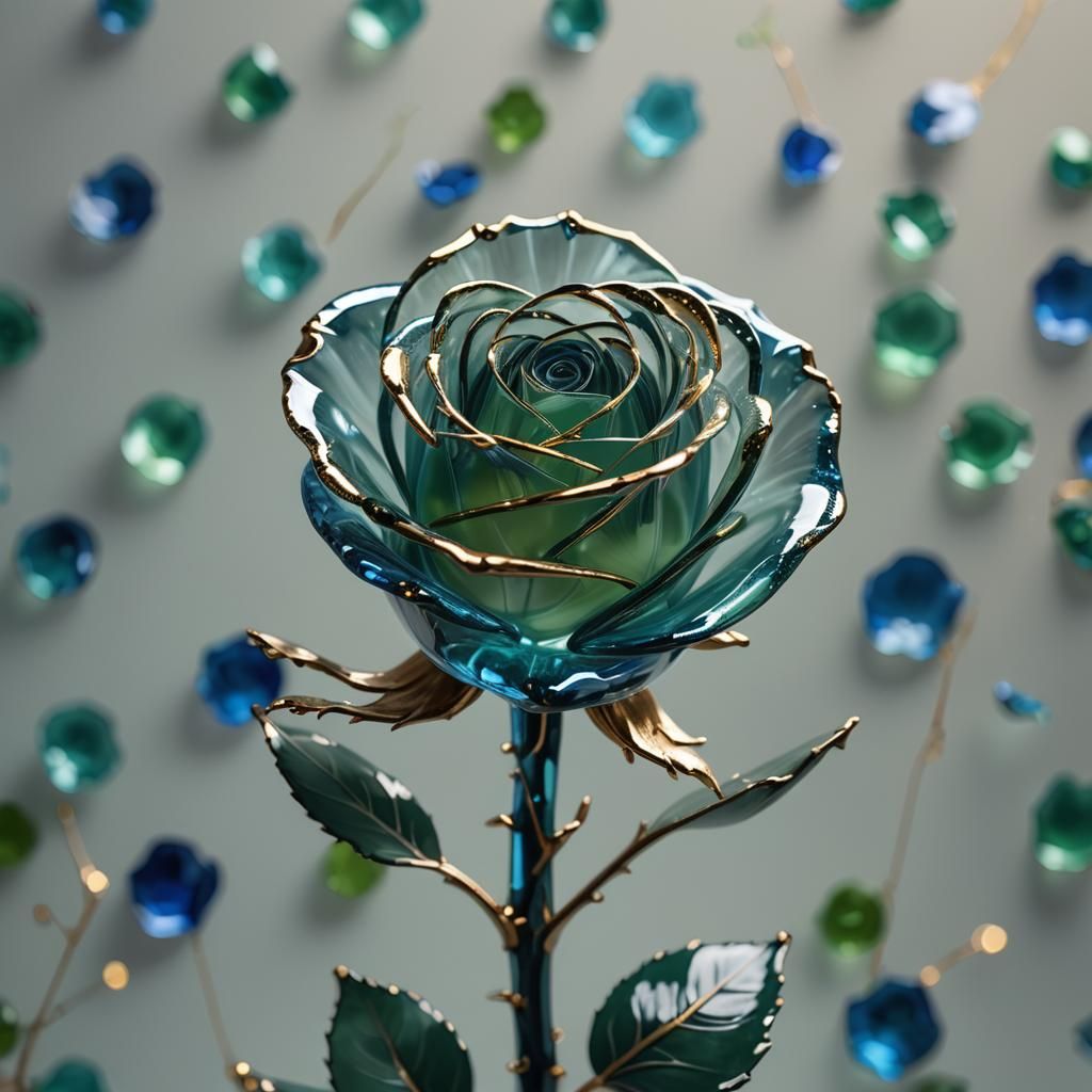 A flawless, hyper realistic glass rose with a green glass stem and blue ...